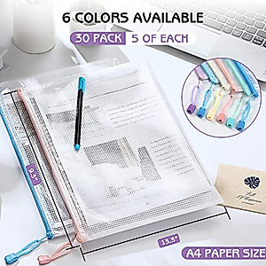LANDNEOO 30 PCS Mesh Zipper Pouch, A4 Size Plastic Waterproof Zipper Bags, Large Mesh Bags for Puzzles & Toy Organizing Storage, Home School Office Supplies