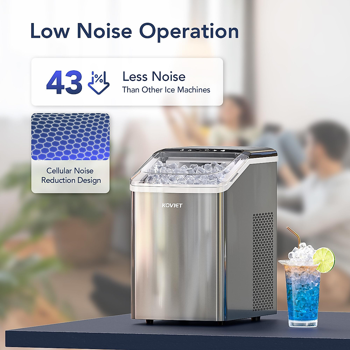 KOVIET Nugget Ice Makers Countertop, Soft Pebble Ice Machine, Chewable Crushed Pellet Ice 42lbs/Day, Self-Cleaning Drainpipe Ice Maker for Party, Home, Kitchen, Bar, Office, Silver Gray