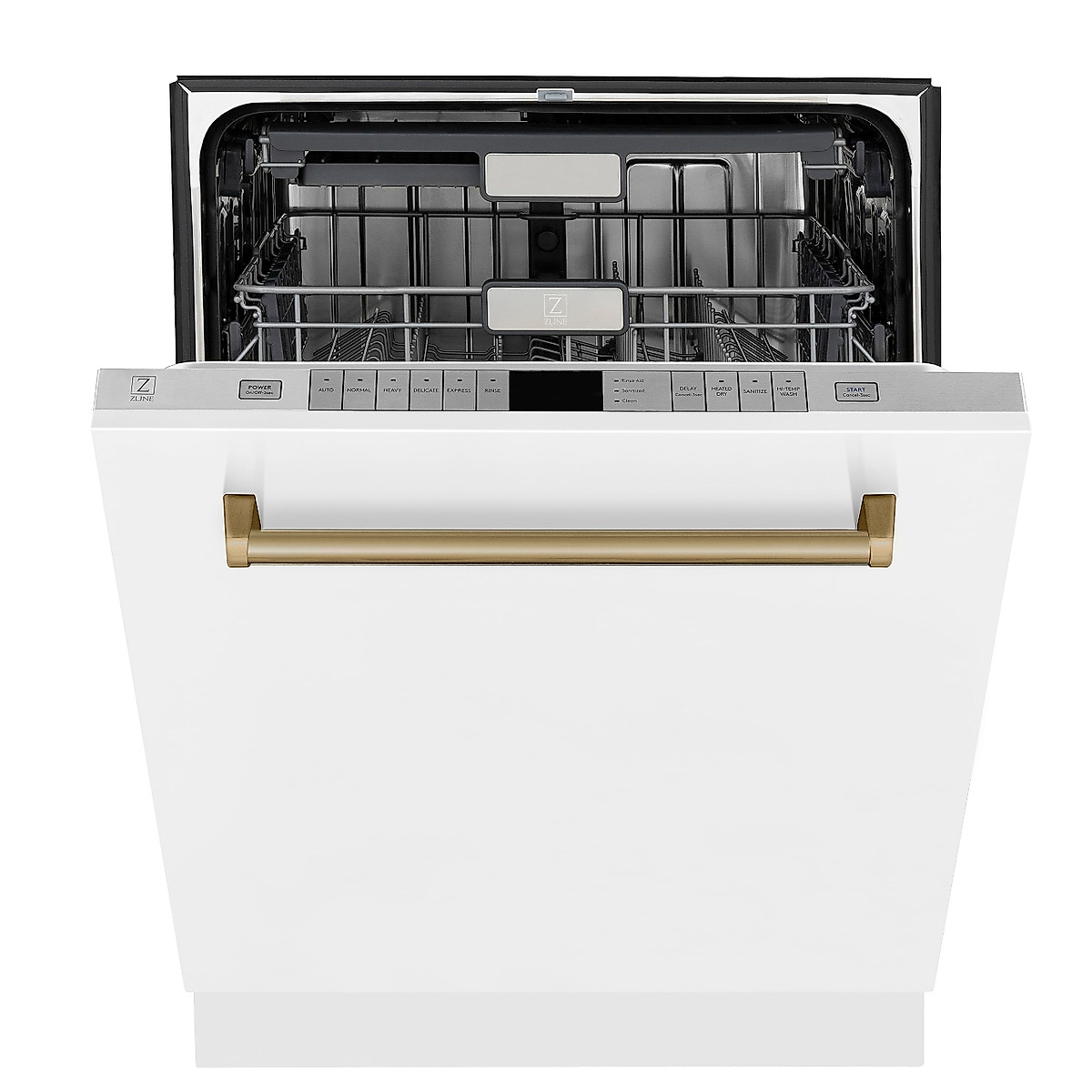 ZLINE Autograph Edition 24" 3rd Rack Top Touch Control Tall Tub Dishwasher in White Matte with Champagne Bronze Handle, 51dBa (DWMTZ-WM-24-CB)