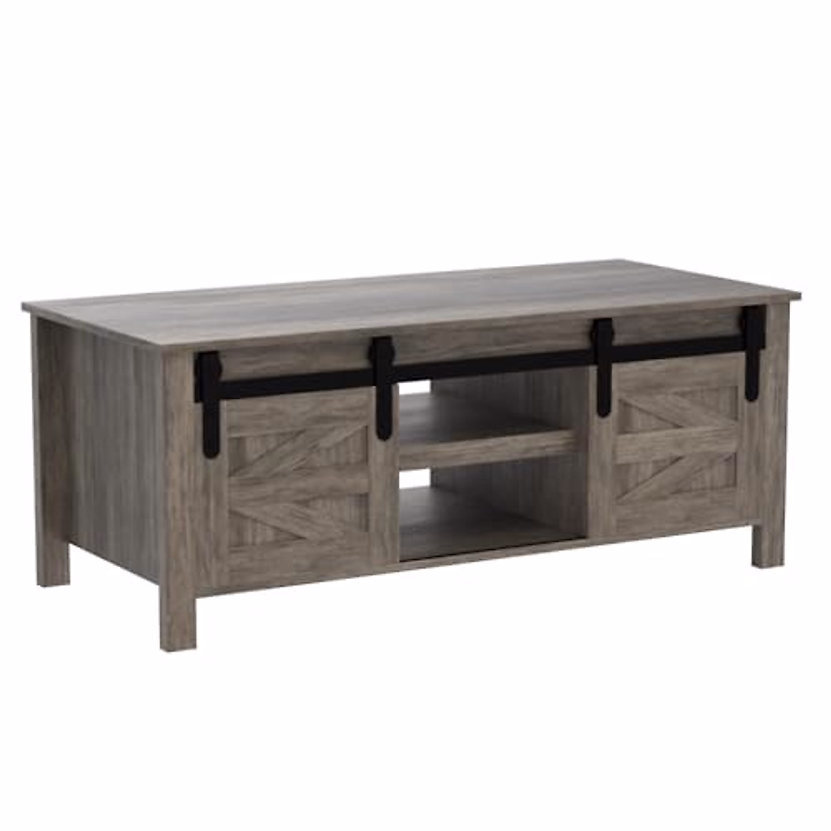 Furmax Coffee Table with Storage and Sliding Barn Doors, Farmhouse Living Room Table with Adjustable Shelves, Wood Rustic Center Table for Home Living Meeting Room (Light Rustic Oak)