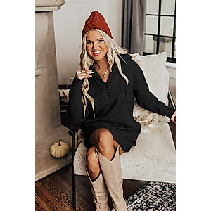 HOTOUCH Women Causal Long Sleeve V Neck Knit Sweater Dresses 1/4 Zip Pullover Sweater Dress Loose Jumper Sweaters (Black S)