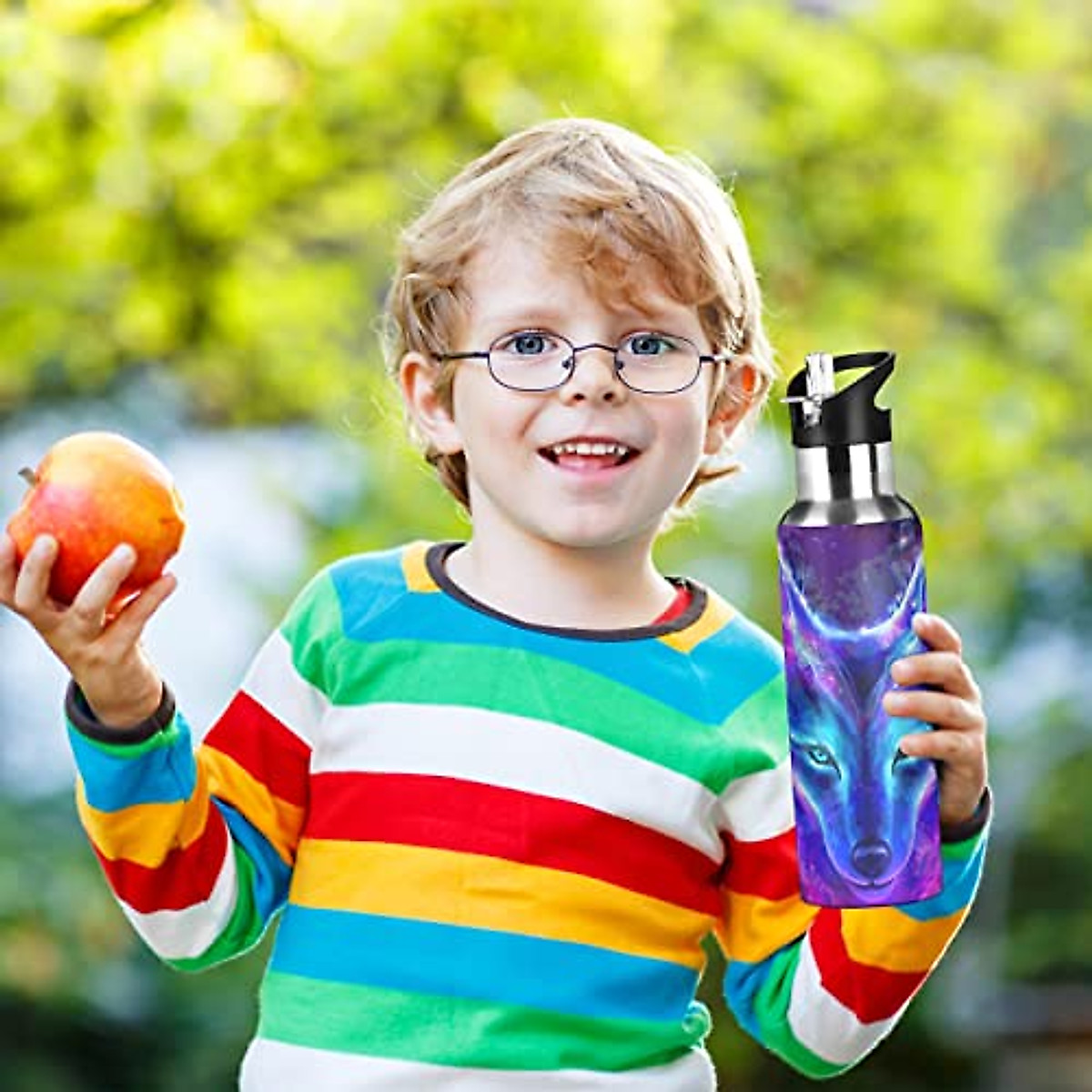 Wolf Galaxy Water Bottle Kids Thermos Bottle with Straw Lid Wolf Print Galaxy Insulated Stainless Steel Water Flask for Sport Gym Outdoor 20 oz