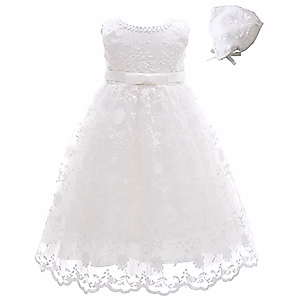 Meiqiduo Baby Girls Lace Christening Baptism Gowns Dresses with Bonnet
