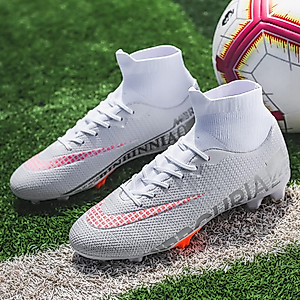 AMZ BSHIDA Indoor TF/FG Firm Ground Soccer Cleats Youth Outdoor Football Competition Training Soccer Shoe for Unisex (10.5, White AG)