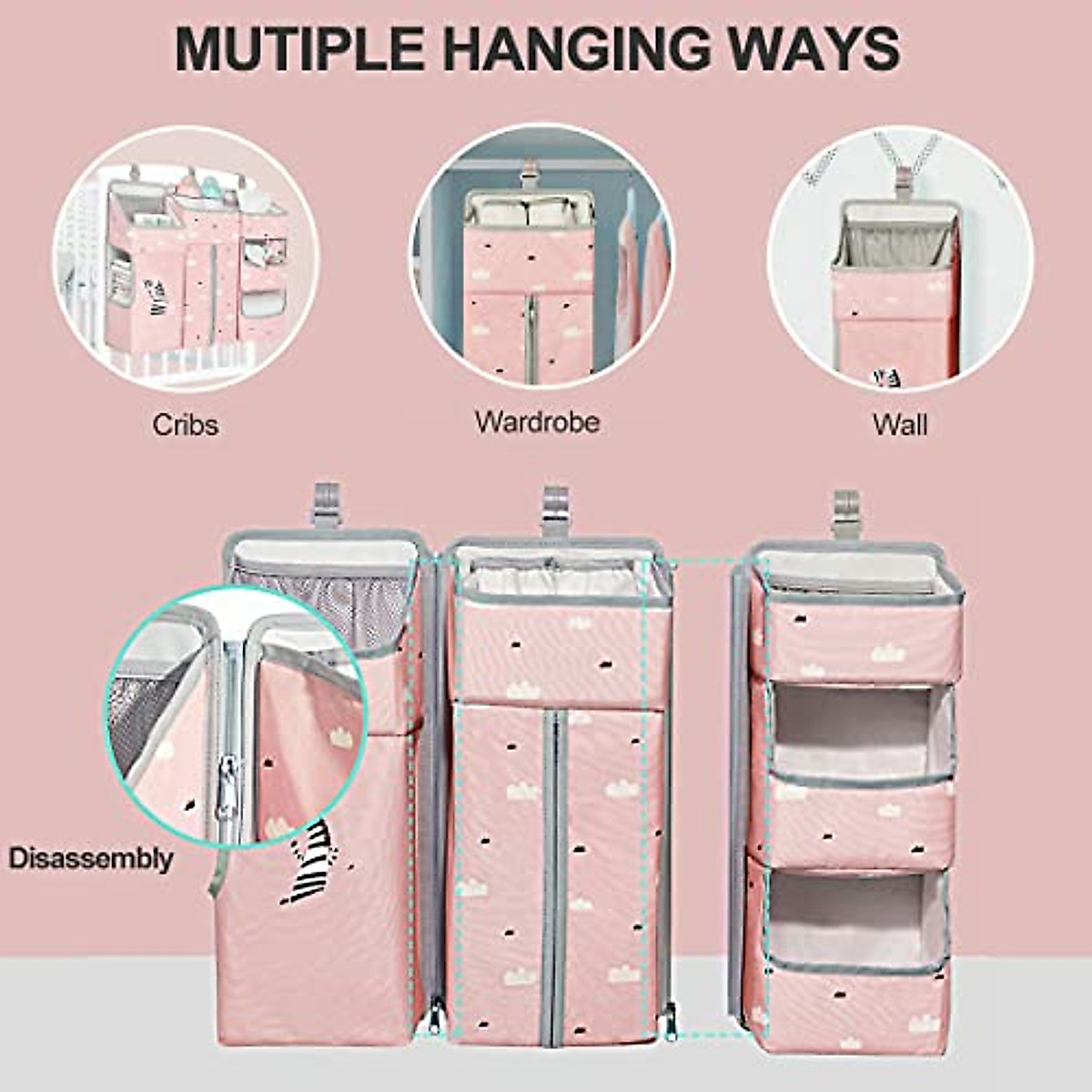 NGORAY Hanging Baby Diaper Caddy Organizers for Crib - 3-in-1 Diaper Stacker for Changing Table Nursery Organization Storage Holder for Baby Essentials Attachment Portable Combining Clothing (Pink)