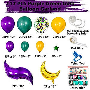 Mardi Gras Balloon Garland Kit,117PCS Deep Green Purple Gold Balloons with Confetti Balloons and Tail Moon Star Foil Balloons for Mardi Gras Fat Tuesday Decorations and Supplies