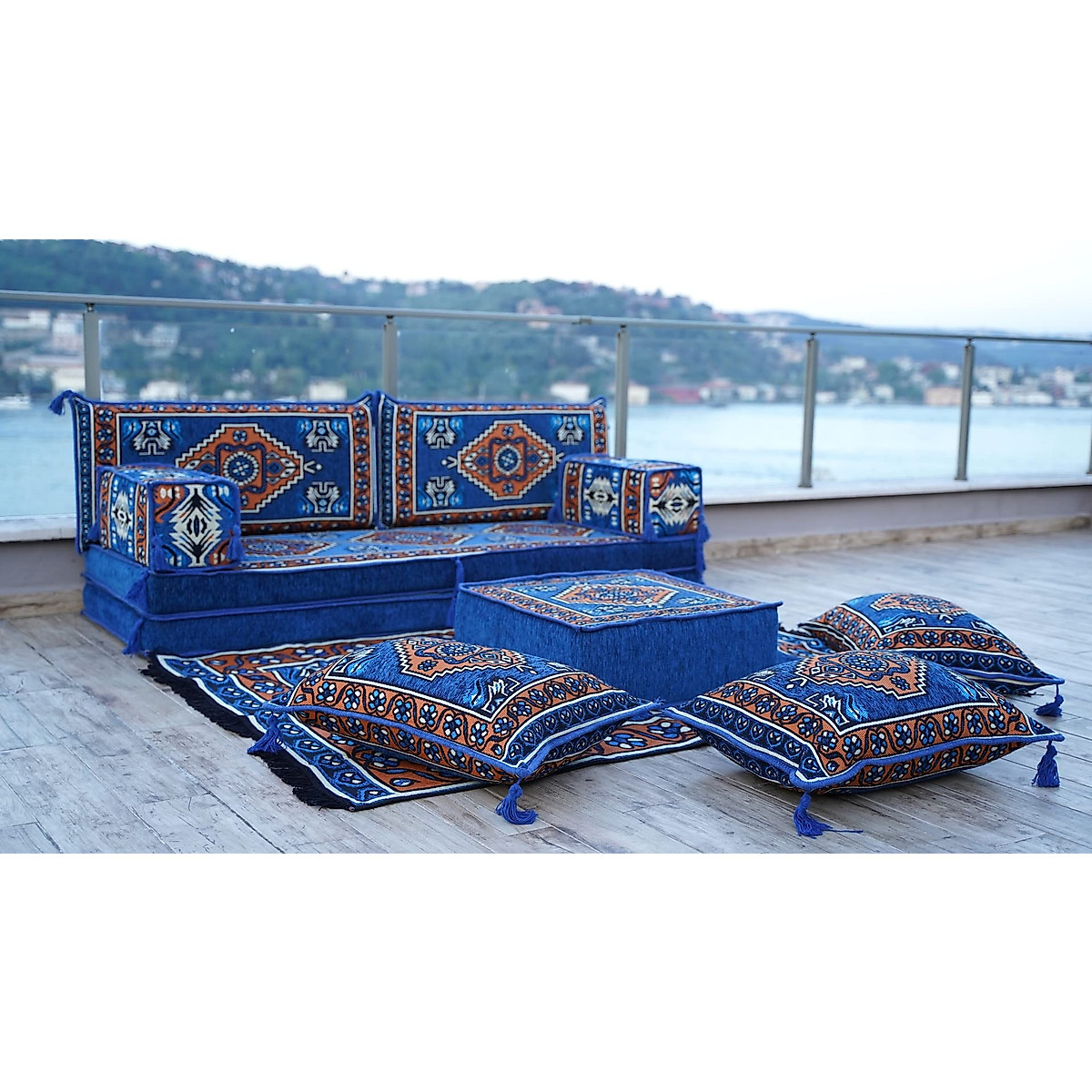Royal Blue 8" Thickness Arabic Floor Sofa, Meditation Yoga Loveseat, Sectional Sofa, Arabic Majilis, Healing Room Floor Cushion, Sofa Covers (Sofa Full Set)