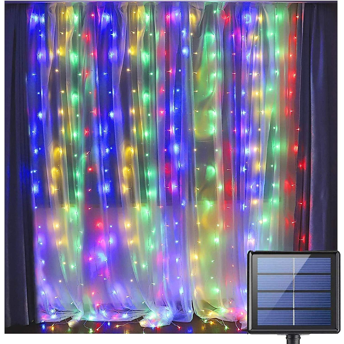 Solar Curtain String Lights Outdoor, AMZSTAR Waterproof 300LED Fairy Window String Lights Twinkle Solar Lights 8 Modes Wedding Party Home Garden Bedroom Outdoor Indoor Wall Decorations (Multicolor)