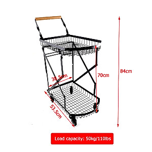 CYJZWOH Multi Use Functional Collapsible Carts, 2-Tier Metal Mobile Folding Trolley Shopping Cart, with Wooden Handle, Lockable Wheels for Office, Living Room, Kitchen, Picnic(Black)