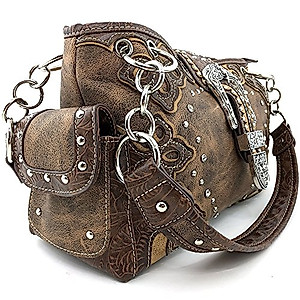 Justin West Gleaming Western Tooled Rhinestone Buckle Floral Embroidery Chain Shoulder Handbag Purse Concealed Carry (Brown handbag and wallet)