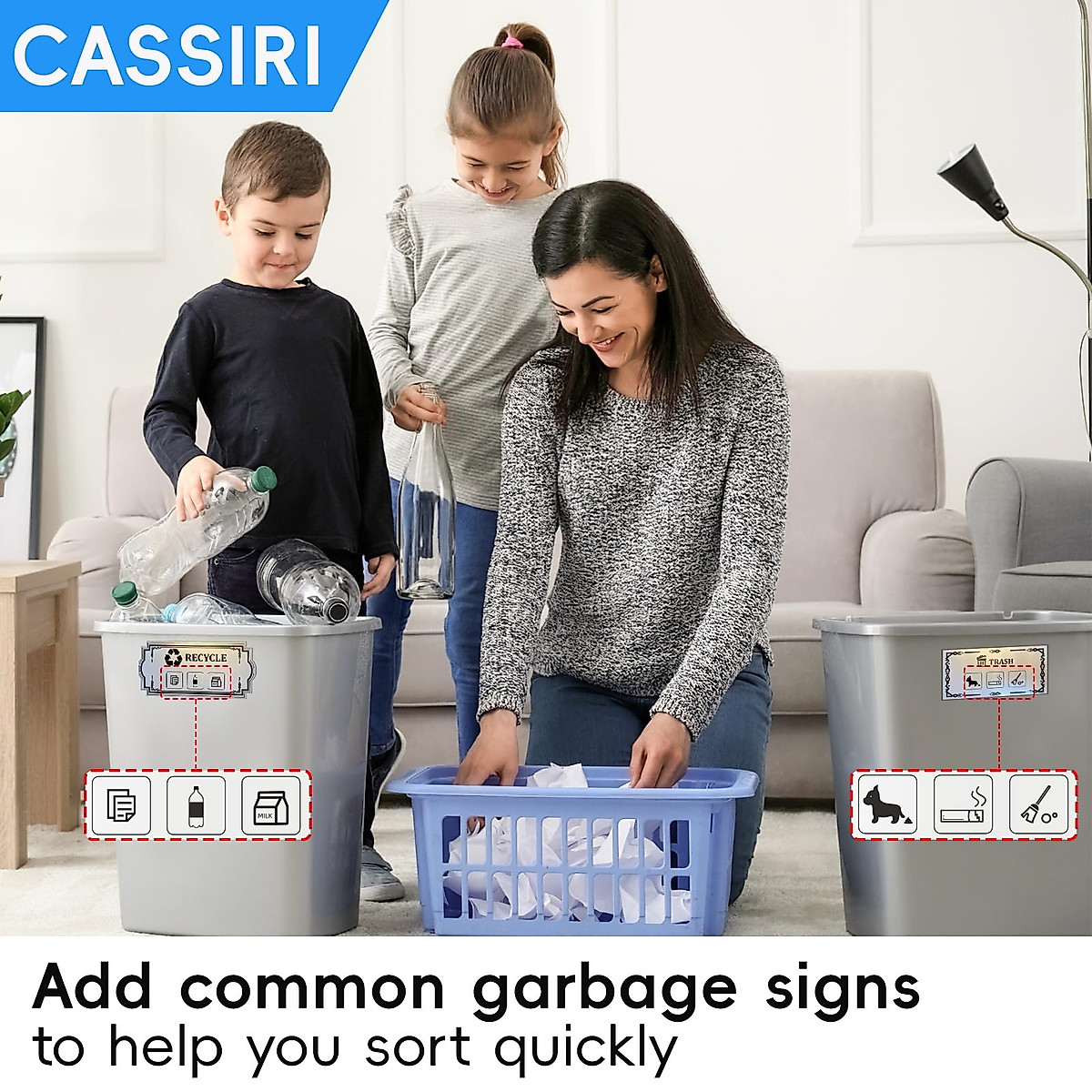 cassiri Recycle Stickers for Trash Bins - 4-Piece Set, Recycle Sticker Standard Garbage Signs Sticker, Trash and Recycle Stickers Waterproof Strong Adhesive, Recycling Stickers for Trash Can (Square)