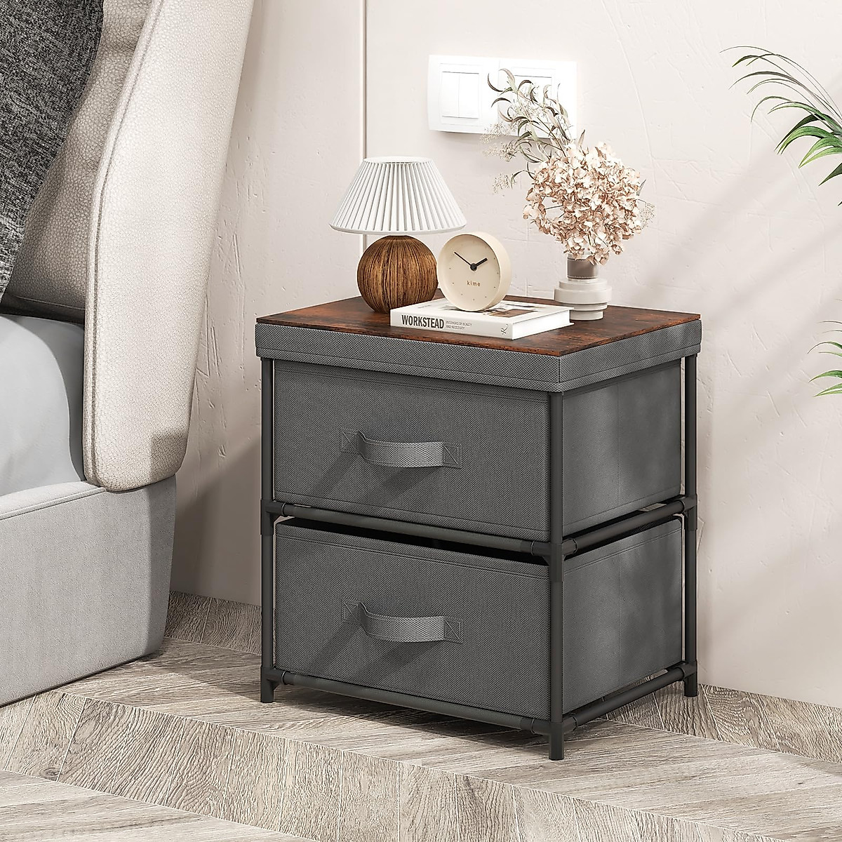 GOFLAME Fabric Dresser with 2 Drawers, Nightstand for Bedroom, Bedside Table with Removable Fabric Bins & Handles, Sofa Side Table, End Table for Living Room, Entryway, Grey & Rustic Brown
