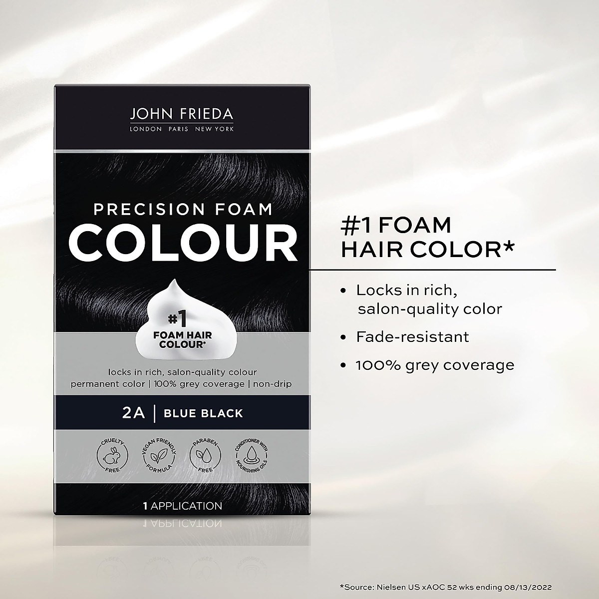 John Frieda Precision Foam Colour, Blue Black 2A, Full-coverage Hair Color Kit, Anti-Fade Gray Coverage, Deep Color Saturation Hair Dye, 1 Application