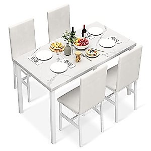 tantohom Faux Marble Dining Table Set, Compact Kitchen Table and Chairs for 4, 5 Pieces Dining Room Table Set with 4 Leather Upholstery Chairs for Small Space, Living Room, Breakfast Nook, All White