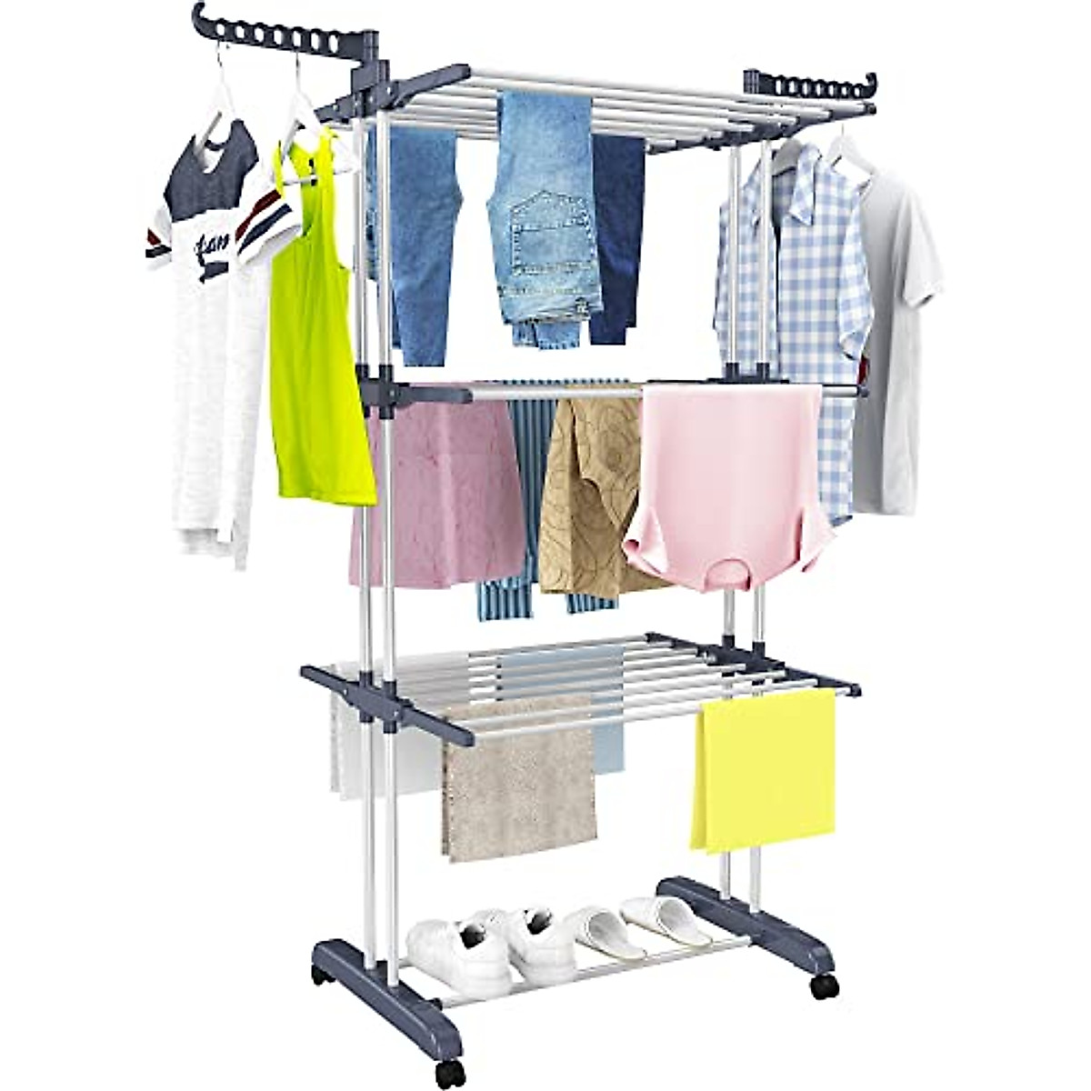 HOMIDEC Clothes Drying Rack, Oversized 4-Tier(67.7" High) Foldable Stainless Steel Drying Rack Clothing, Movable Drying Rack with 4 castors, 24 Drying Poles & 14 Hooks for Bed Linen, Clothing, Grey