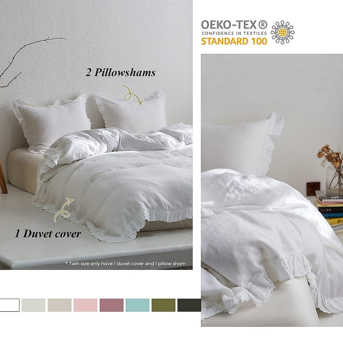 Simple&Opulence 100% Linen Duvet Cover Set, 3 PCS Natural French Flax White Ruffle Duvet Cover King Size, Breathable Comfy Linen Bedding Comforter Cover with 2 Pillowcases (White, 104"X92")