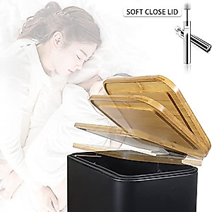 SIDIANBAN Small Trash Can with Bamboo Lid Soft Close and Foot Pedal, 1.3Gal/5L Rectangular Garbage Can with Inner Wastebasket for Bathroom,Bedroom, Office, Kitchen, Black