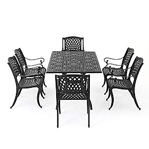 Christopher Knight Home Cayman Outdoor 6-Seater Cast Aluminum Dining Set, 7-Pcs Set, Black Sand