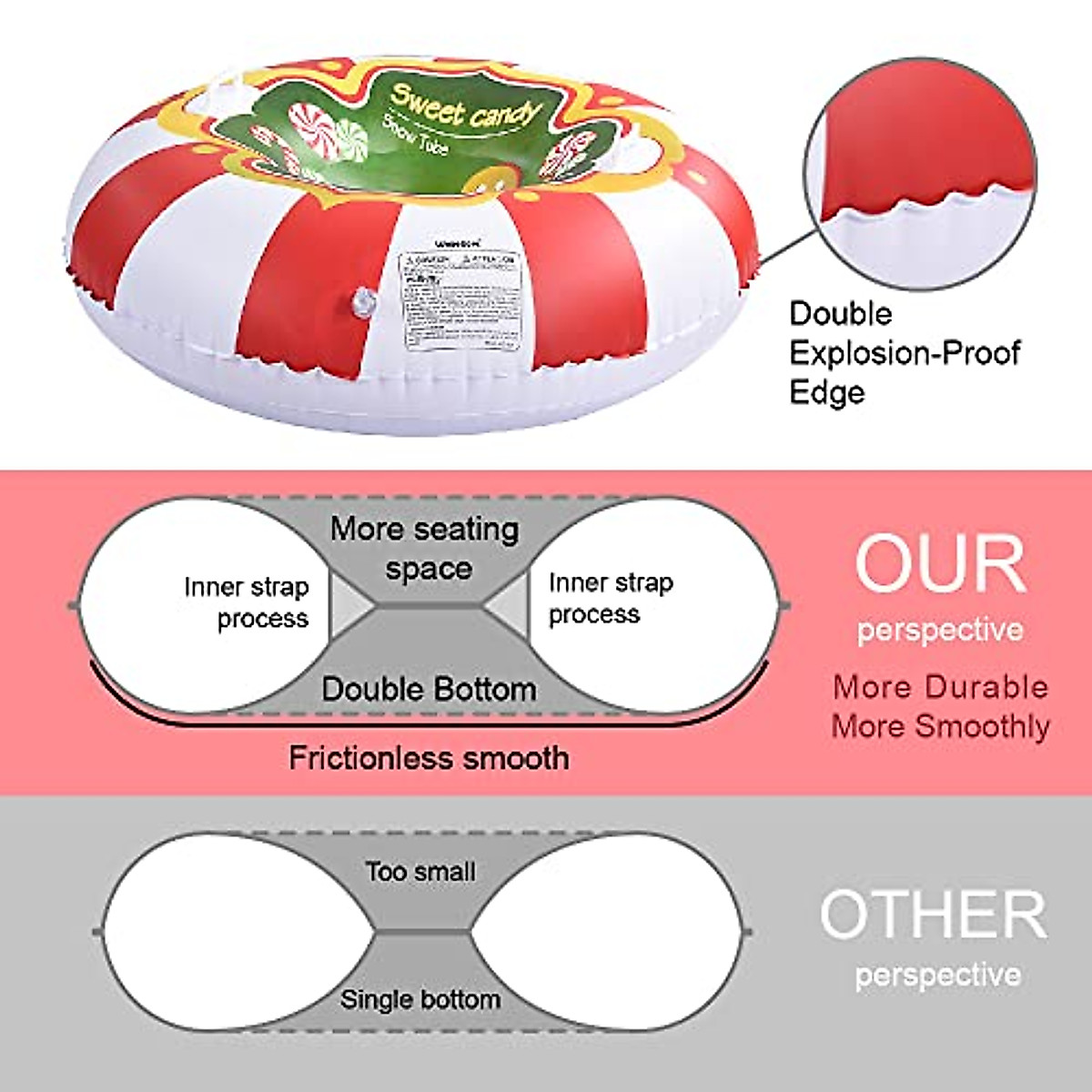 Snow Tube, Snow Sled for Kids and Adults, 48 Inches Heavy Duty Snow Tubes with Double Bottom, Candy Snow Toys for Sweet Party