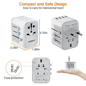 TESSAN Universal Power Adapter, International Plug Adapter with 4 USB Outlets, Travel Worldwide Essentials, All in 1 Wall Charger Converter for UK EU Europe Ireland AU (Type C/G/A/I) Grey