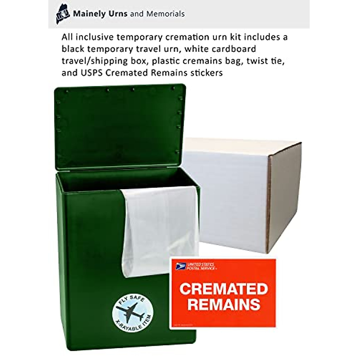 TSA Approved Fly-Safe and Temporary Travel Cremation Urn Kit for Human Ashes - Airline Friendly - 200 Cubic Inch Capacity - Airline-Ready Green Plastic Urn with Included Travel Box