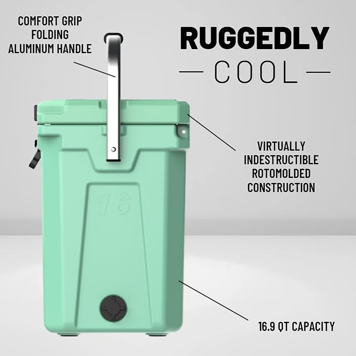 CAMP-ZERO 16L Tall Cooler/Ice Chest with 2 Molded-in Cup Holders & Folding Aluminum Handle | Thick Walled, Freezer Grade Cooler with Secure Locking System & Removable Divider (Mint Green)