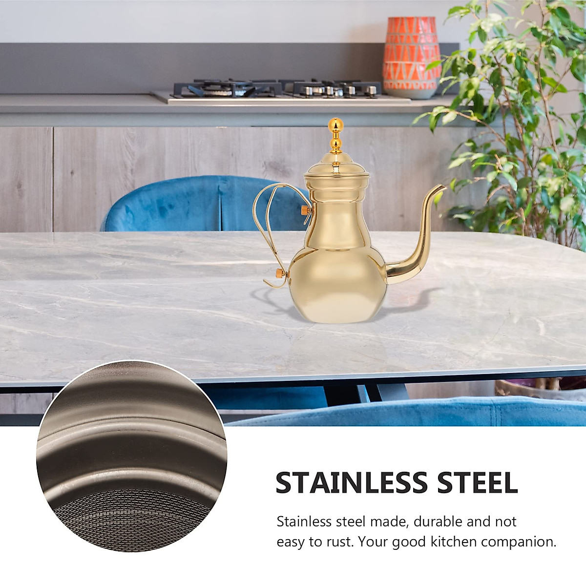 CALLARON Tea Kettle Tea Gooseneck Turkish Greek Arabic Coffee Pot: Middle East Arab Stovetop Coffee Maker Wine Decanter 1.1L Brewer Pot with Handle for Home Kitchen Golden Tea Pot Kettle