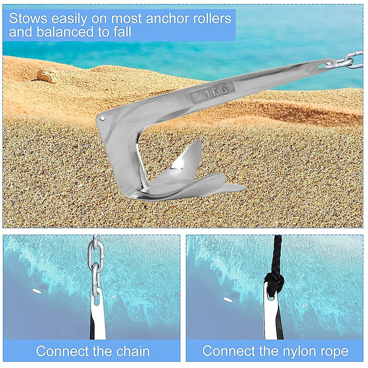 Aramox Boat Anchor, 1kg/2.2lb Claw Boat Anchor Heavy Duty 316 Stainless Steel Anchor Mirror Polish Marine Accessories