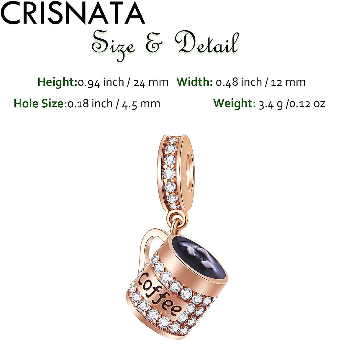 Dangle Rose Gold Coffee Cup Charms, fits Pandora Bracelet Necklace, 925 Sterling Silver I Love Coffee Mug CZ Pendant Beads, Gifts for Christmas/First Mothers Day