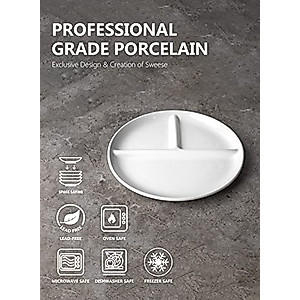 Sweese Portion Control Plates Set of 2, 9 Inch Divided Plates for Adults, Porcelain Dinner Diet Plates for Balanced Meal Building and Weight Loss- White 173.201