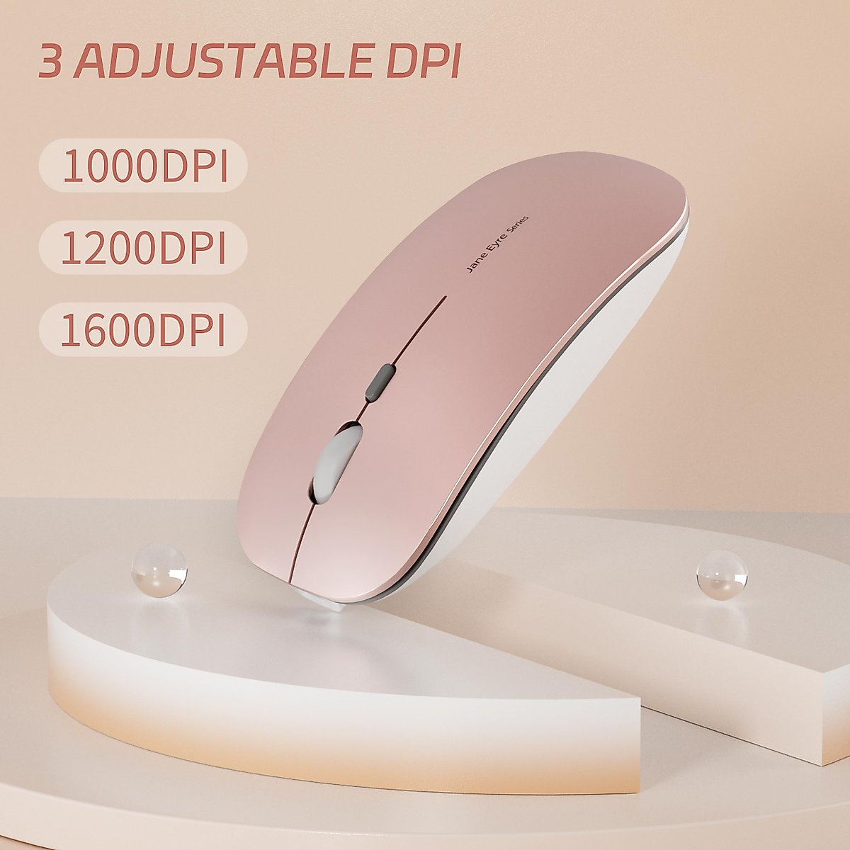 Uciefy Q5 Slim Rechargeable Wireless Mouse, 2.4G Portable Optical Silent Ultra Thin Wireless Computer Mouse with USB Receiver and Type C Adapter, Compatible with PC, Laptop, Desktop (Rose Gold)