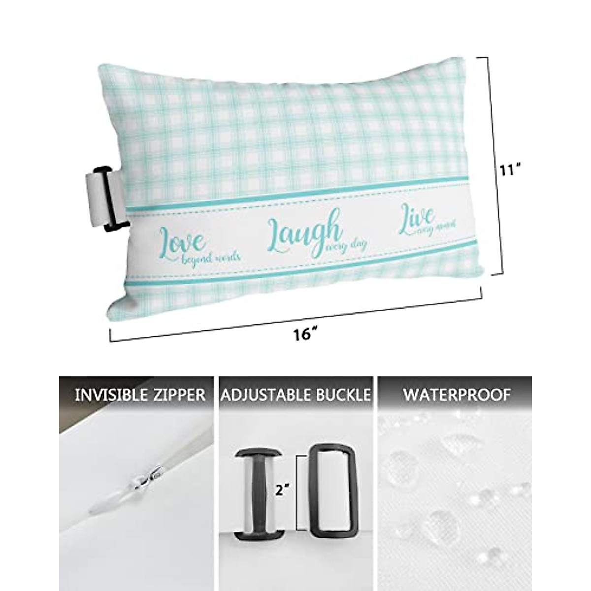 Recliner Head Pillow Ledge Loungers Chair Pillows with Insert Teal Watercolor Plaid Love Laught Live Lumbar Pillow with Adjustable Strap Outdoor Waterproof Patio Pillows for Beach Pool Chair, 2 PCS