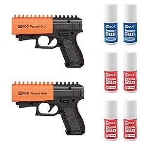 MACE Brand Self Defense Bundle, includes 2 Pepper Spray 2.0 Guns and 6 Refill Canisters, Accurate 20’ Powerful Pepper Spray That Leaves UV Dye on Skin, Integrated LED Light Enhances Aim, Black