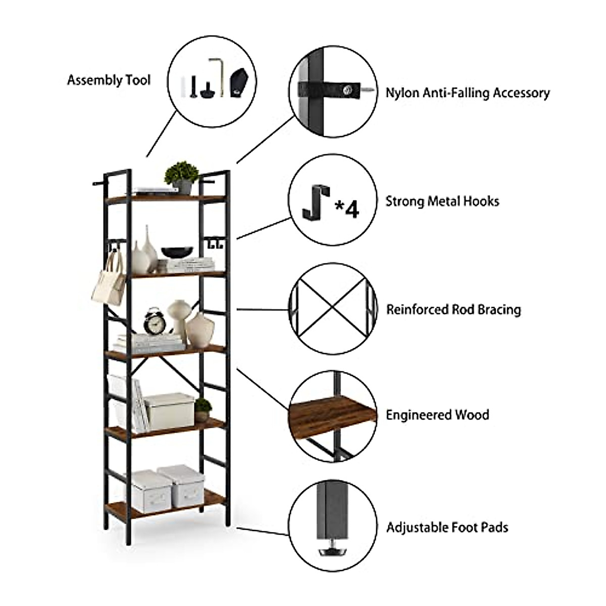 Luckyeestar 5 Tier Tall Bookshelf, Bookcase Shelf Storage Organizer, Modern Book Shelf for Bedroom, Living Room and Home Office, Wood & Metal (Rustic Brown)
