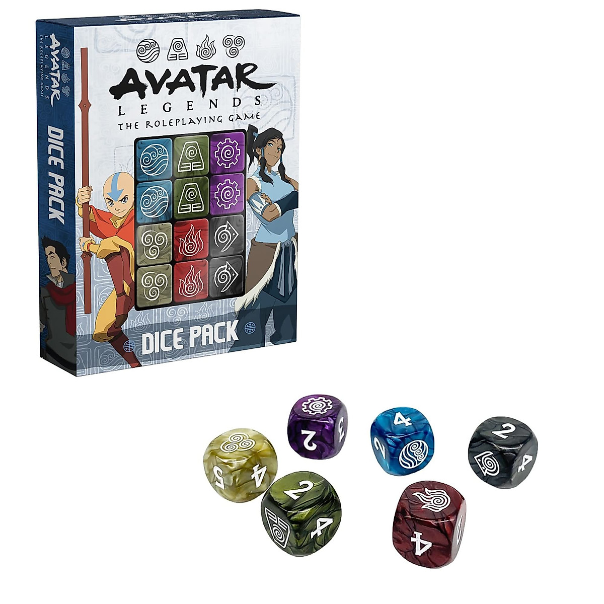 Magpie Games Dice Pack - Avatar Legends: The Roleplaying Game, 12 Six-Sided Dice Set, Engraved with Bending & Training Symbols, Pearlescent Colors, RPG Tabletop Accessory