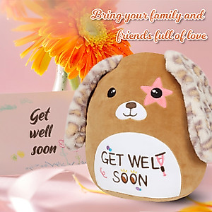 Easfan Get Well Soon Dog Plush Pillow Puppy Stuffed Animal with Floppy Long Ears, Cuddly Soft Toy Recovery Gifts for Patients Sick Girls Boys, Light Brown, 12"