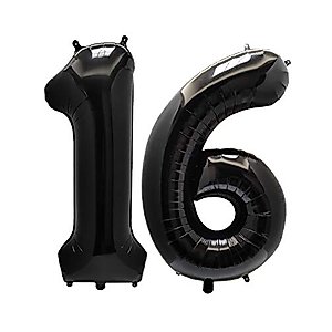 AULE 40 Inch Jumbo Black Foil Mylar Number Balloons for Boy Girl 16th Birthday Party Decorations 16 Years Old Anniversary Party Supplies