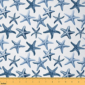 Feelyou Starfish Beach Fabric by The Yard, Coastal Beach Ocean Theme Upholstery Fabric for Chairs,Ocean Marine Nautical Sea Creatures Decorative Waterproof Outdoor Fabric, 1 Yard, Teal Blue