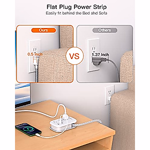 Flat Plug Power Strip, USB C Travel Power Strip Ultra Flat Extension Cord - 3 Outlets with 3 USB Ports(2 USB C), 3.2ft Wrapped Around Extension Cord for Cruise Ship, Travel, Dorm Room Essentials
