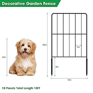 OUSHENG Decorative Garden Fence Fencing 10 Panels, 10ft (L) x 22in (H) Rustproof Metal Wire Border Animal Barrier with Plastic Stakes for Dog Yard Patio Outdoor, Square