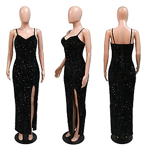 Ranfare Women's Sexy V Neck Bodycon Sequin Gown Evening Dress with Slit (Black-3-L)