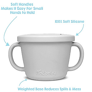 RAZBABY Oso-Snack 100% Silicone Snack Cup, 6M+, Spill-Proof Food Container w/Weighted Bottom, Easy to Hold for Baby & Toddler, Removable Lid, Easy to Clean, BPA-Free, Dishwasher Safe – Grey