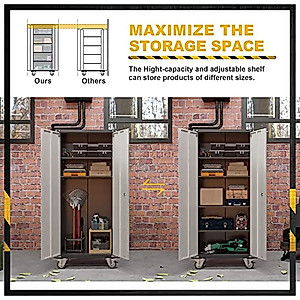 Reemoon Metal Storage Cabinet with Wheels, 71" Tall Garage Storage Cabinet with 5 Tier Shelves and Locking Doors, Rolling Tool Cabinet for Garage Home Office Utility Room