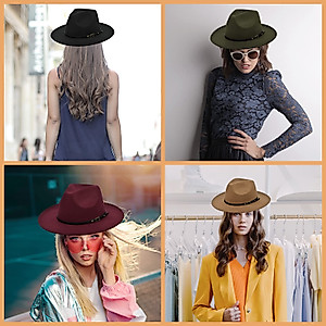 Women Classic Wide Brim Fedora Hat, 4 Pack Retro Panama Hat Wool Fedora Hat with Belt Buckle (Black+Army Green+Camel+Wine Red)