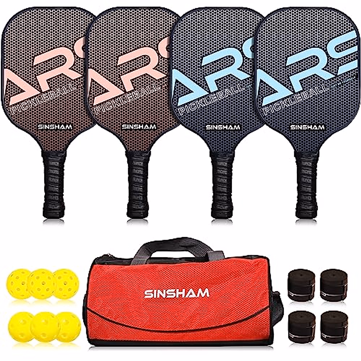 SINSHAM Graphite Pickleball Paddles Set of 4 Graphite Pickleball Paddles with 6 Pickleball Balls,4 Additional Cushion Grip,1 Portable Carry Bag;Growth of Pickleball Paddles for Families and Friends