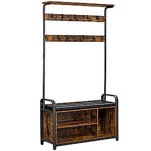 VASAGLE Hall Tree with Storage Bench, Entryway Storage with 9 Hooks, Coat Rack with Soft Bench, Shoe Rack, Steel Frame, Rustic Brown and Black UHSR099B01