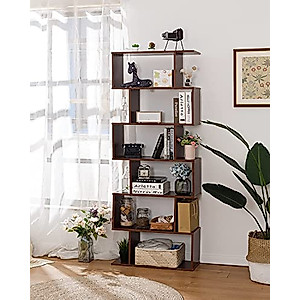 TinyTimes 6-Tier Wooden Bookcase, S-Shape Display Shelf and Room Divider, Freestanding Decorative Storage Shelving, 75'' Tall Bookshelf - Walnut