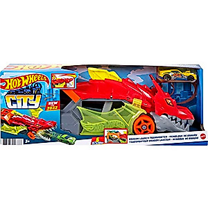 Hot Wheels Toy Car Track Set City Dragon Launch Transporter & 1:64 Scale Car, Stores Up to 5 Vehicles