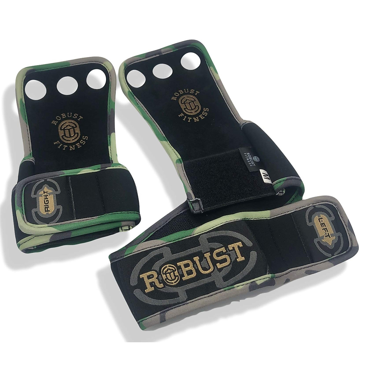 ROBUST FITNESS Genuine Leather Hand Grips for Gymnastics & Cross-Training, Pull-ups, Weightlifting, WODs with Neoprene Wrist warps. Palm Shield from Rips & Blisters. (Camouflage, Medium)