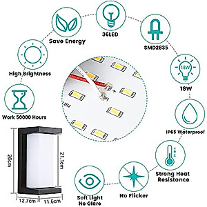 LOVEZOE LED Wall Light, IP65 Waterproof 18W Cold White 6000K Aluminum Rectangle Outdoor Wall Lamp Outdoor Lamp for Garden Front Bathroom Porch Garage